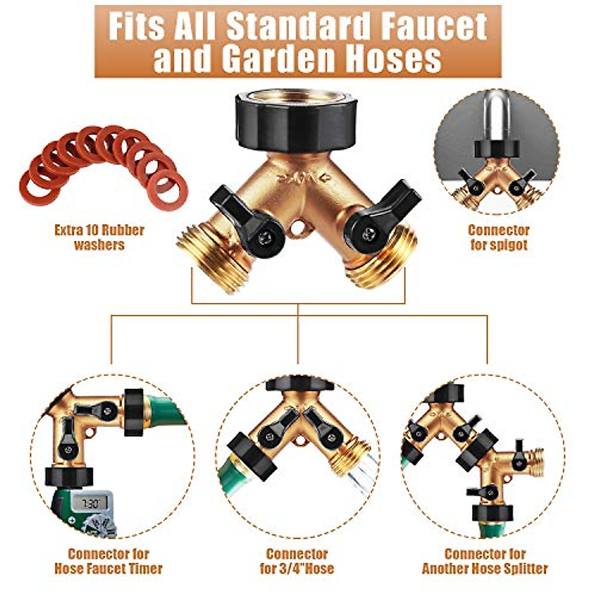 madeking water hose splitter 2 way heavy duty, brass 2 way hose splitter, Bolted & Threaded. garden hose splitter Easy Grip to 2 hose connector,Long Handles hose y valve,Outdoor Faucet splitter