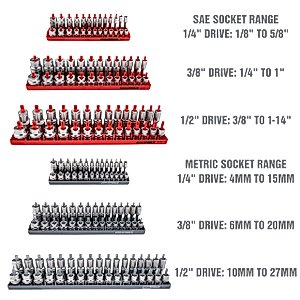 OEMTOOLS 22413 6 Piece SAE and Metric Socket Tray Set, SAE and Metric Socket Storage for Sizes 1/4", 3/8”, and 1/2" Drive, Socket Holders and Socket Organizer Tray for Toolbox, Red/Grey