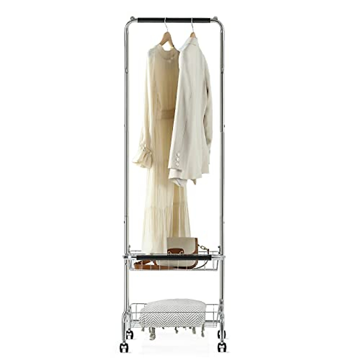 aixsponsa Rolling Clothes Rack with 2 Tier Basket, Freestanding Clothing Racks for Hanging Clothes, Metal Garment Rack with Wheels, Chrome