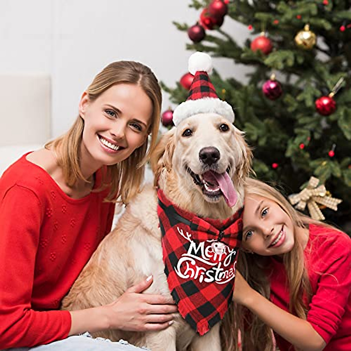 3 Pieces Christmas Dog Decoration Set, 1 Buffalo Plaid Dog Bandana Puppy Triangle Scarf 1 Pet Bow Tie with Bell 1 Christmas Dog Hat for Puppy Cat Pet Small Medium Large Dog(Black Red)