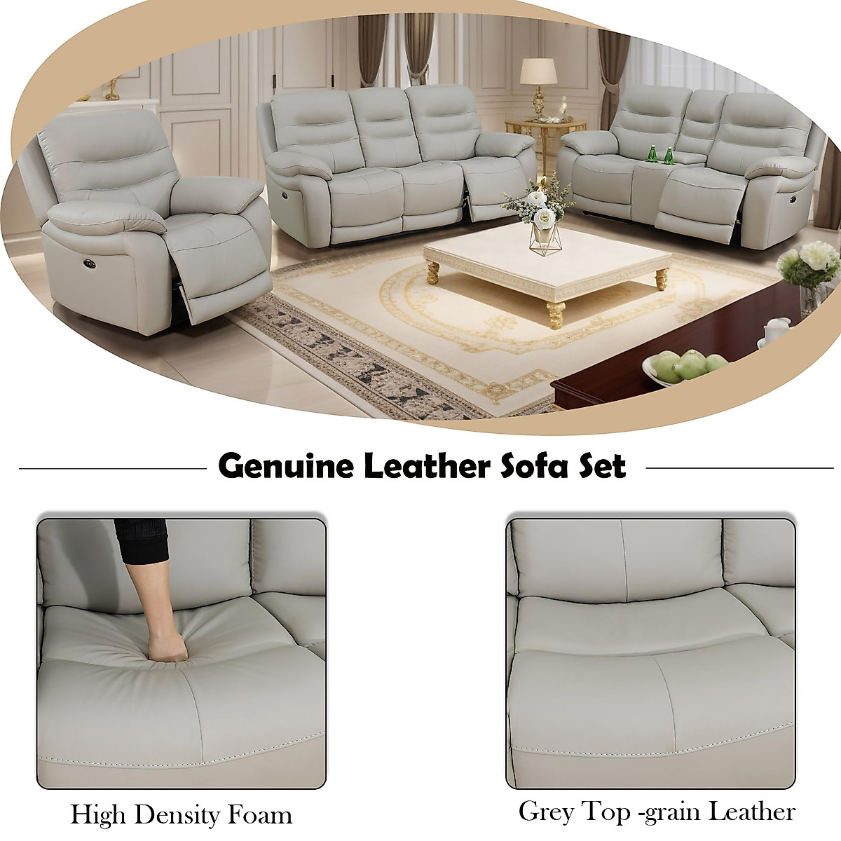 Ocstta Genuine Leather Power Recliner Couch, 77" Leather Couch with Storage Console&Cup Holer, Top Grain Reclining Leather Couch for Living Room Office Apartment (Recliner Loveseat, Light Grey)