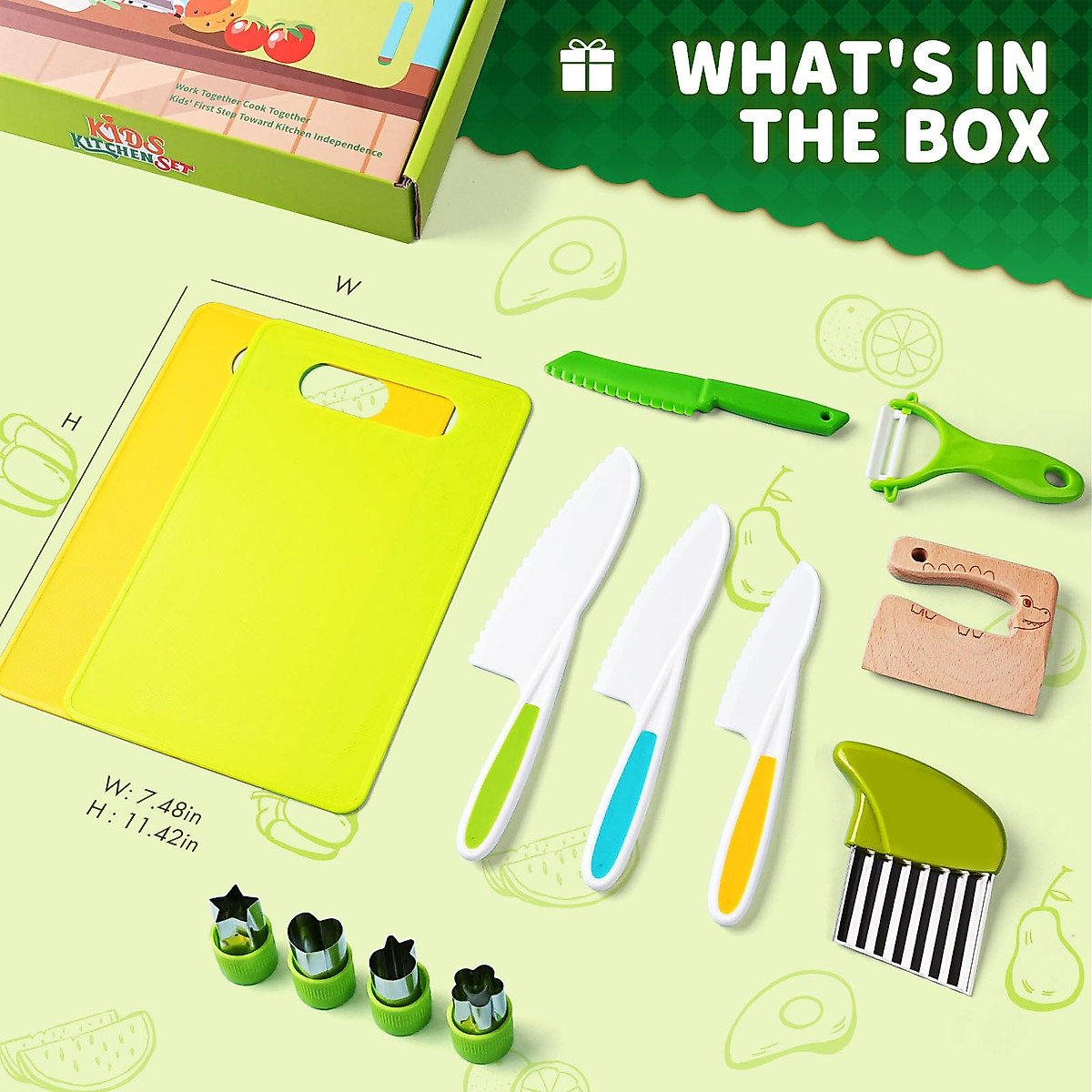 13 Pieces Montessori Kitchen Toys for Toddlers-Kids Cooking Sets Real-Toddler Toys Set for Real Cooking with Plastic Children Safe Knives Crinkle Cutter Kids Cutting Board