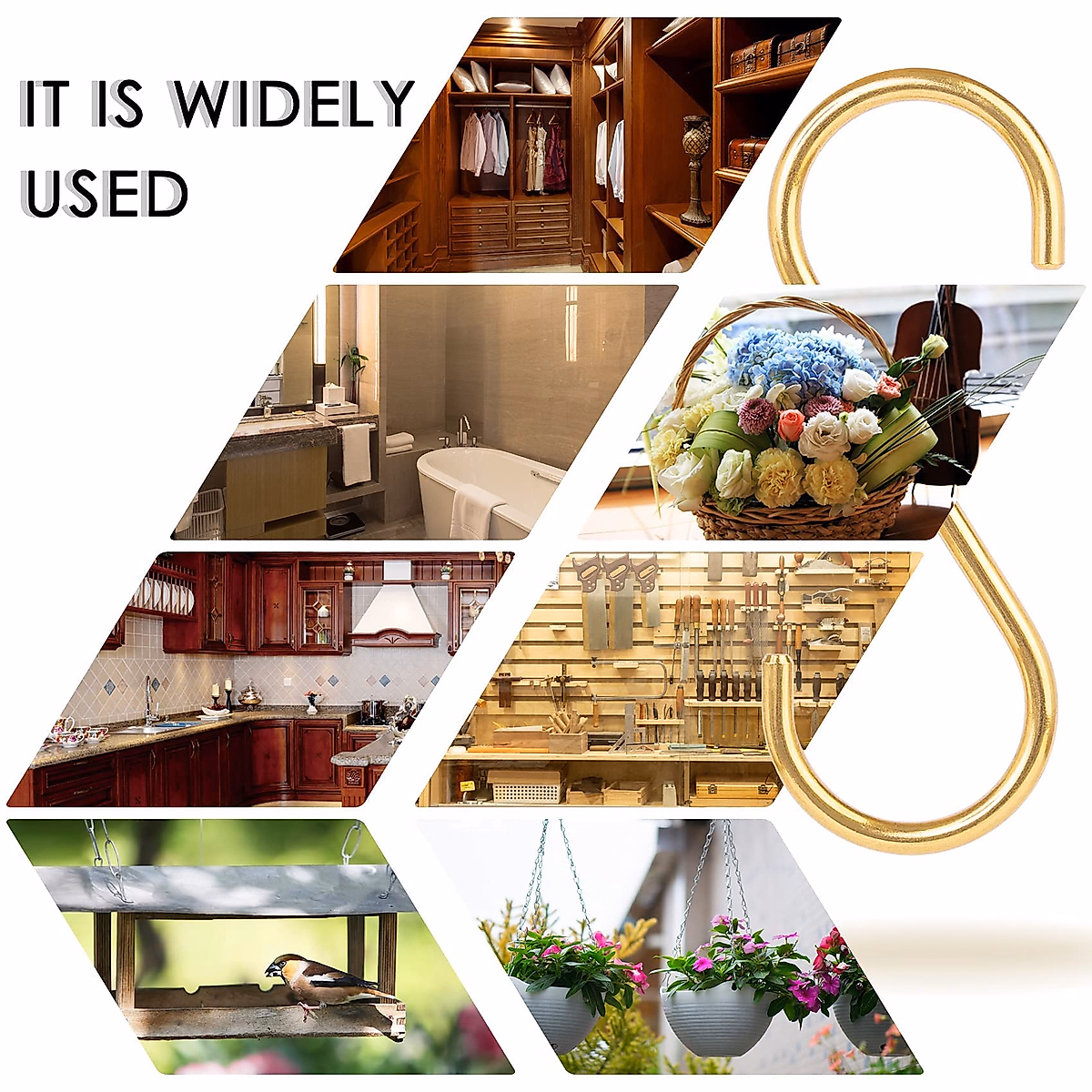 12 Piece Brass S Shaped Hooks, Gold Coat Clothes Towel Hangers, Kitchen Pots Pans Coffee Cups Rack Hooks