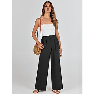Caracilia Womens Summer Linen Palazzo Pants Wide Leg High Waist Business Casual Work Lightweight Trousers Loose Pleated Elastic Waist Dressy Pants 2024 Black Fashion Outfits with Pocket C118A3-heise-L