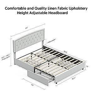 BONSOIR Queen Size Storage Bed Frame Upholstered Low Profile Traditional Platform with Tufted and Nail Headboard