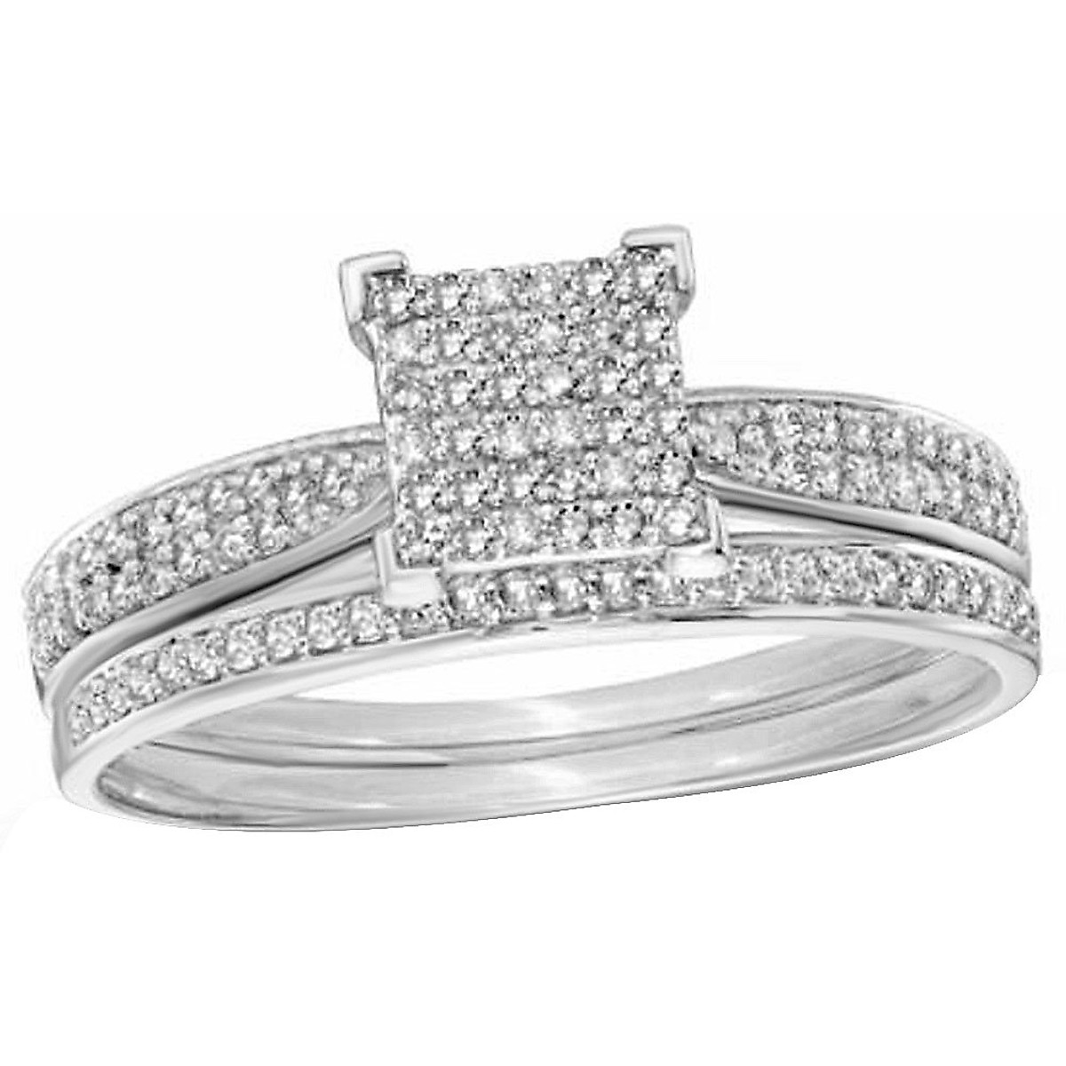 AFFY White Natural Diamond Square Composite Bridal Ring Set in 10k Solid White Gold (0.33 Ct)