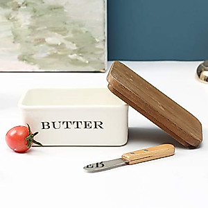 everous Butter Dish - Beautiful Farmhouse Kitchen Decor Butter Container With Wooden Lid and Knife(White)
