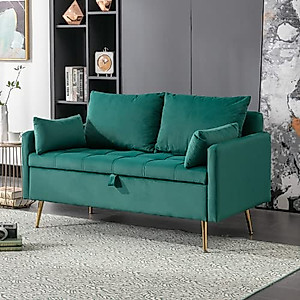 LukeAlon Modern 52" Wide Velvet Loveseat Sofa, Button Tufted Upholstered Counch with Gold Metal Legs Classic Storage Love Seats with Pillows for Living Room Small Places, Green