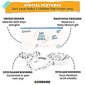 CORRURE Baby Closet Size Dividers - Complete Set of 12 Closet Dividers for Baby Clothes from Newborn to 24 Months - Best Nursery Closet Hanger Organizer for Baby Boy or Girl - Ideal Baby Gift (White)