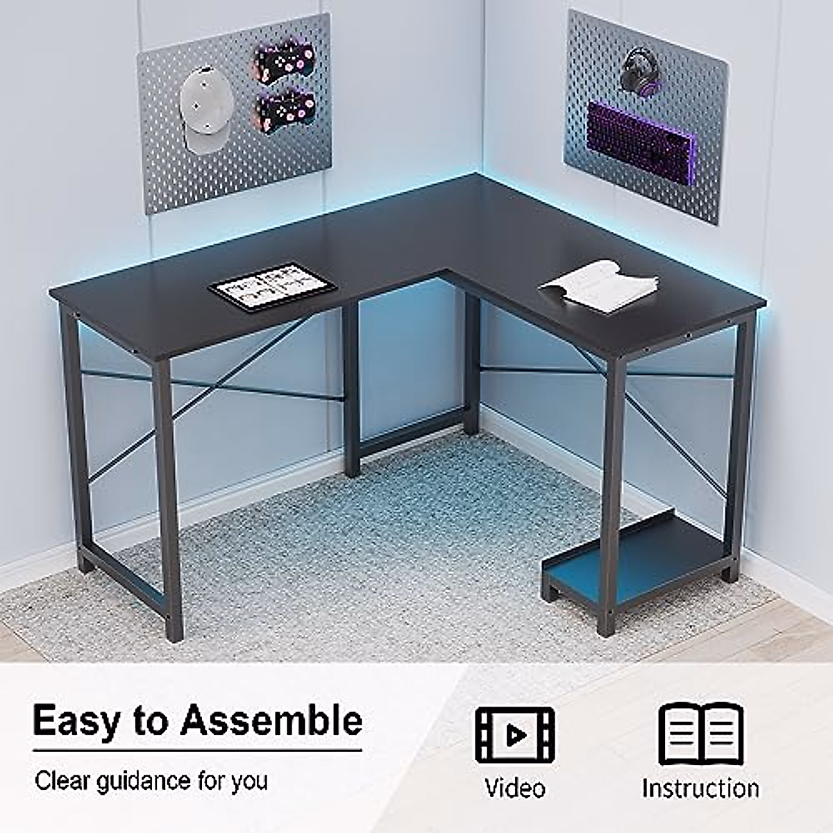 L Shaped Desk,Computer Corner Desk,PC Gaming Desk Table with Side Storage Bag, Sturdy Desk for Home Office Writing Workstation