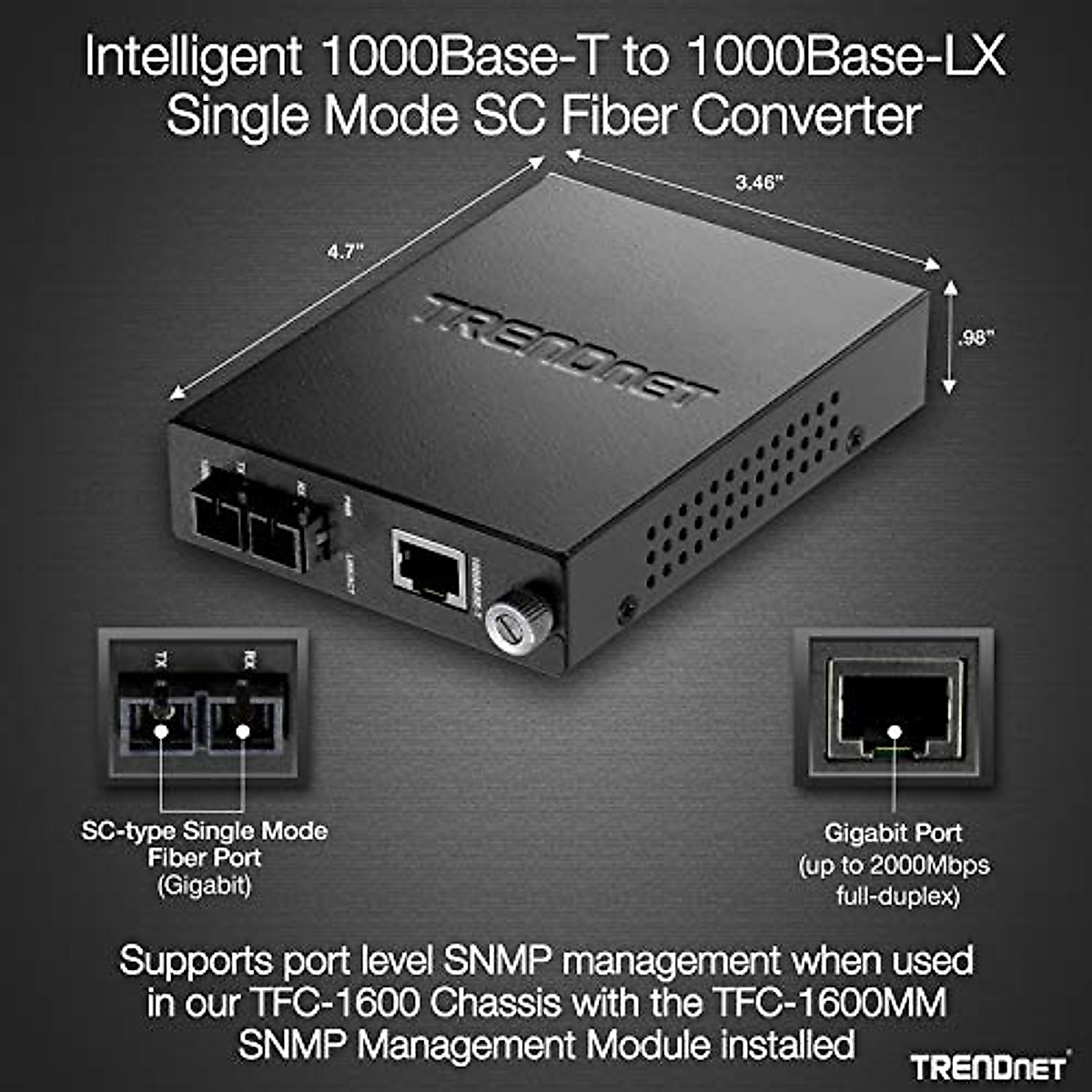 TRENDnet Intelligent 1000Base-T to 1000Base-LX/SX Single Mode SC Fiber Media Converter (20KM, 12.4Miles), Fiber to Ethernet Converter, SC Type Fiber Port,Lifetime Protection, TFC-1000S20, Black