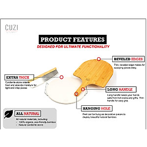 Cuzi Gourmet 4-Piece Large Pizza Stone Set - 13" Thermal Shock Resistant Cordierite Pizza Stone with Handle Rack, 19" Natural Bamboo Pizza Peel & Pizza Cutter - Large Baking Stone for Grill and Oven