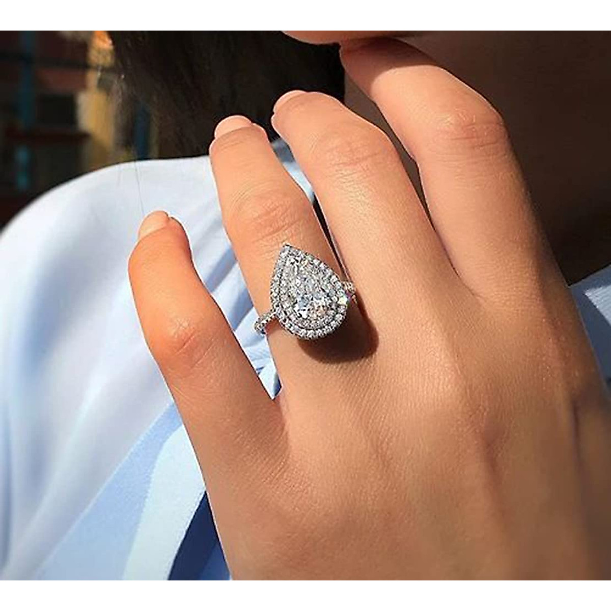 WDIYIEETN White Gold Plated Sterling Silver Teardrop Halo Pear Cut Cubic Zirconia CZ Crystal Engagement Wedding Ring for Women (9)