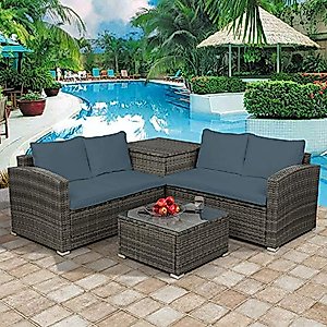 All Weather Wicker Outdoor Patio Furniture Sets, 4 PCS Outdoor Cushioned PE Rattan Wicker Sectional Sofa Set with Glass Top Coffee Table Seat Cushion for Garden Poolside (Rattan+ Gray Cushion)