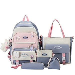 DAHUOJI Kawaii Backpack Set 5pcs Aesthetic Backpack for School Teens Girls Daypack Large with Pendants and Pins, Pen Case, Tote Bag, Small Bag(Blue)