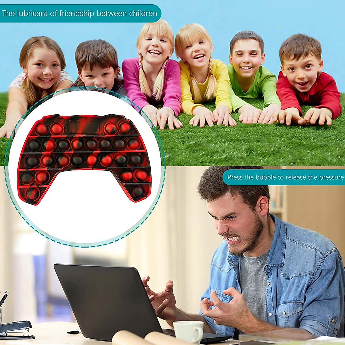 BEVEEN Game Controller Gamepad Shape Push Pop Bubble Fidget Sensory Toy,Silicone Stress Reliever Push Pop Fidget Toy, Squeeze Sensory Toy for Kids, Educational Game Toy Gift for Kids (Red / Black)