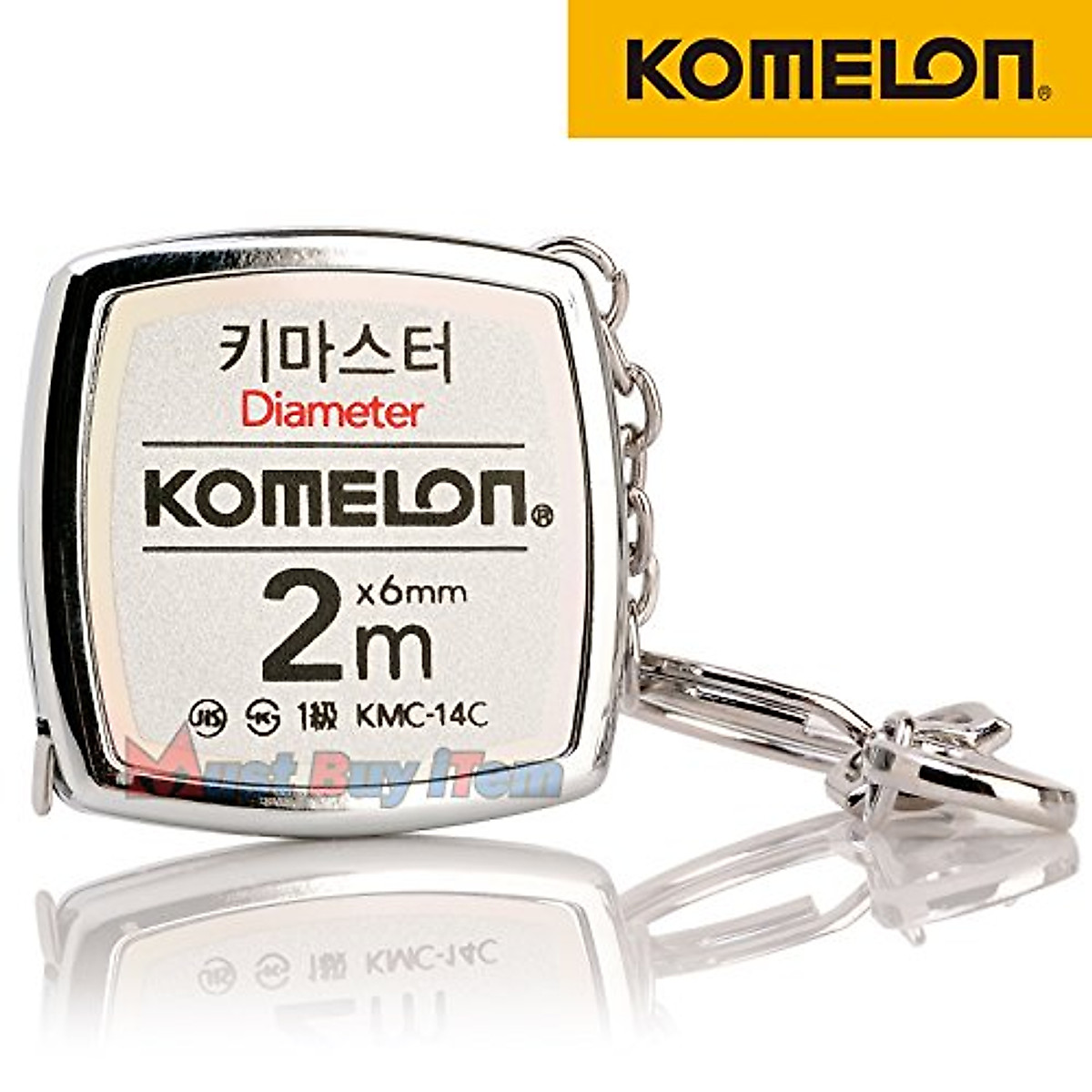 Komelon KMC-14C Keymaster Metric Tape Measure 2-Meter/Diameter Keychain Pocket Mini Key Chain Ring Chrome Coated Measuring Tool with English Manual Included