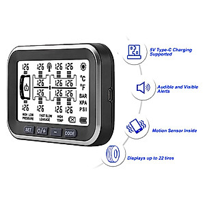 Taimster TPMS for RV/Buses/Caravan/Motorhome/Trailer/Travel/Trucks, Wireless Solar Tire Pressure Monitoring System with DIY Easy Installation Cap Sensors Pressure Range 0~188 PSI (0~13 BAR)10 sensors