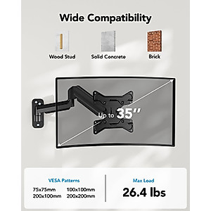 HUANUO Computer Monitor Wall Mount for 22 to 35 inch Flat Curved Screens, Single Wall Mount Monitor Arm Holds up to 26.4lbs, Height Adjustable Full Motion Gas Spring Vesa Wall Mount, Max 200x200mm