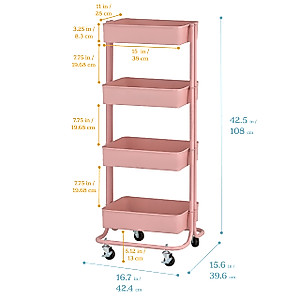 ECR4Kids 4-Tier Metal Rolling Utility Cart, Multipurpose Storage, Pink