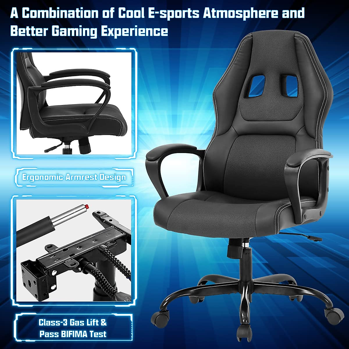 Gaming Chair PC Office Chair Ergonomic Gamer Chair PU Leather Executive Computer Chair with Lumbar Support High Back Adjustable Rolling Swivel Desk Chair for Adult Teen, Black
