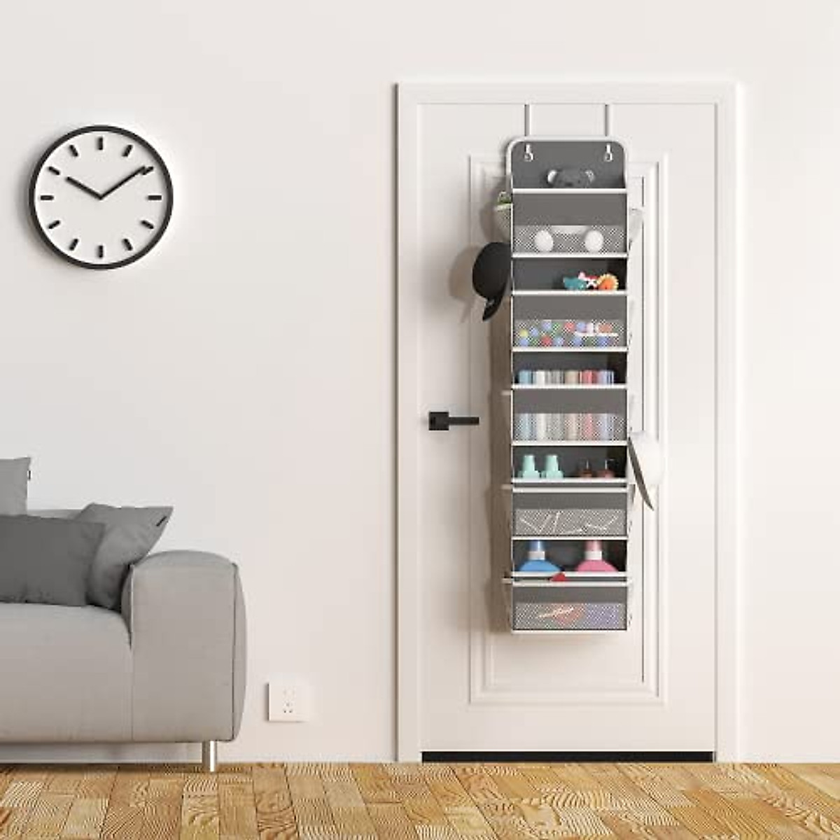 LONGD Over Door Organizer, Nursery Closet Cabinet Baby Storage, Over The Door Hat Rack, 5 Pockets and 2 Grid File Pockets Hanging Storage Boxes,45 lbs. Weight Capacity, 1-Pack