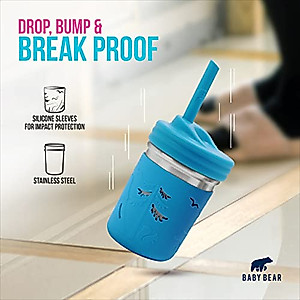Baby Bear Products Kids Cups - Set of 4, 250ml Stainless Steel Mason Jar with Silicone Sleeves and Straws with Stoppers | Smoothie Cups | Spill Proof Toddler Sippy Cups
