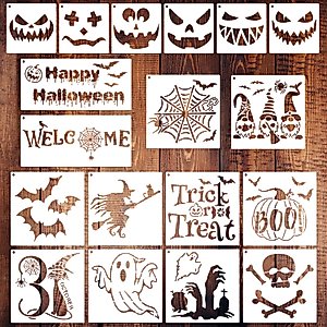 18 Pieces Halloween Stencils, Reusable Happy Halloween Ghost Bat Witch Pumpkin Stencils for Painting on Wood DIY Crafts Halloween Decorations (Style 1)