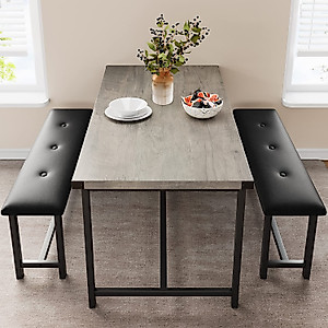 IDEALHOUSE Dining Table Set for 4, Kitchen Table with Upholstered Bench, Rectangular Dining Room Table Set with 2 Benches, 3 Piece Kitchen Table Set for Small Space, Apartment, Studio, Rustic Grey