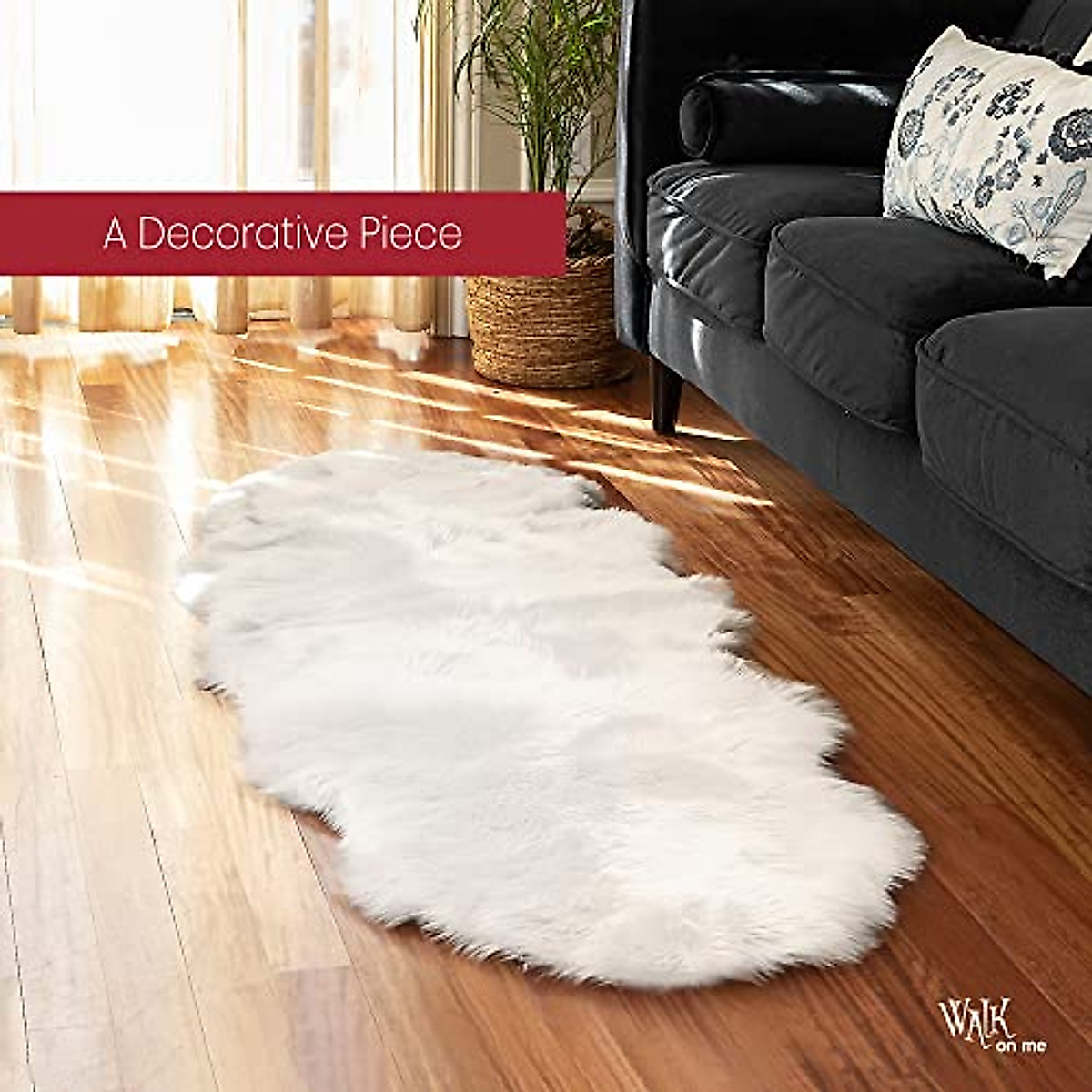 Silky Soft Faux Fur Rug, 2 ft. x 6 ft. White Fluffy Rug, Sheepskin Area Rug, Shaggy Rug for Living Room, Bedroom, Kid's Room, or Nursery, Home Décor Accent, Machine Washable with Non-Slip Backing