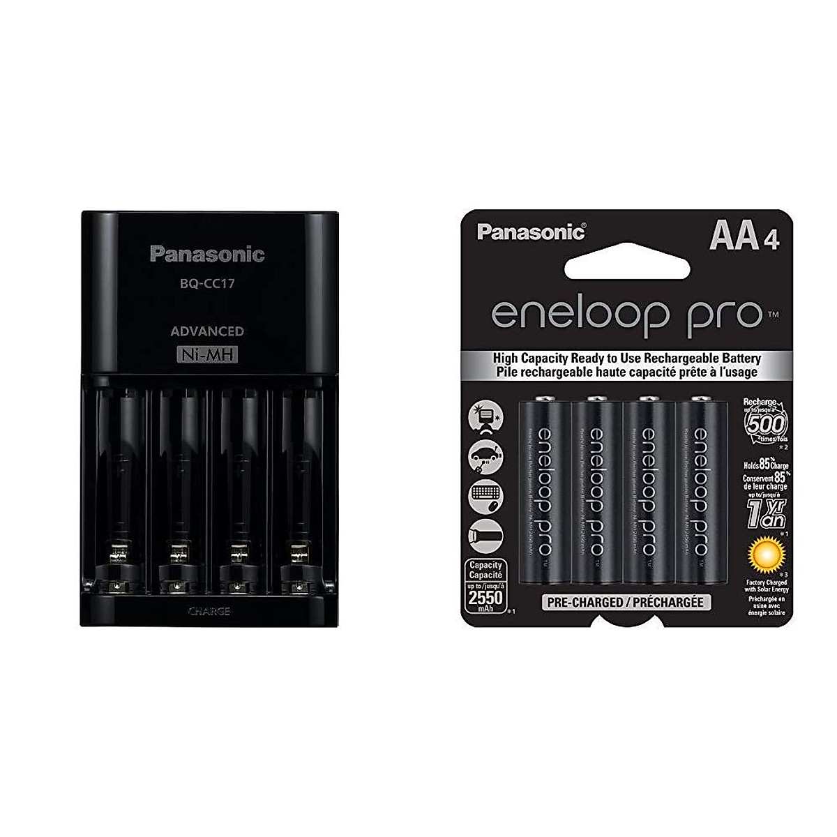 Panasonic BQ-CC17KSBA eneloop Advanced Individual Battery Charger with 4 LED Charge Indicator Lights, Black & BK-3HCCA4BA eneloop pro AA High Capacity Ni-MH Pre-Charged Rechargeable Batteries, 4 Pack