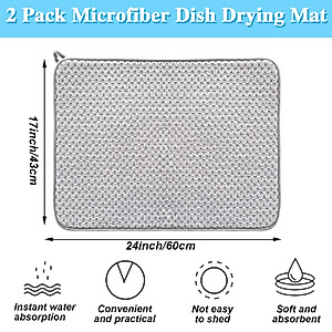 2 Pack Microfiber Dish Drying Mat,24*17 inch Absorbent Dish Drainer Kitchen Counter,Large Size Dish Drying Pad for Countertops,Sinks,Draining Racks(Gray)
