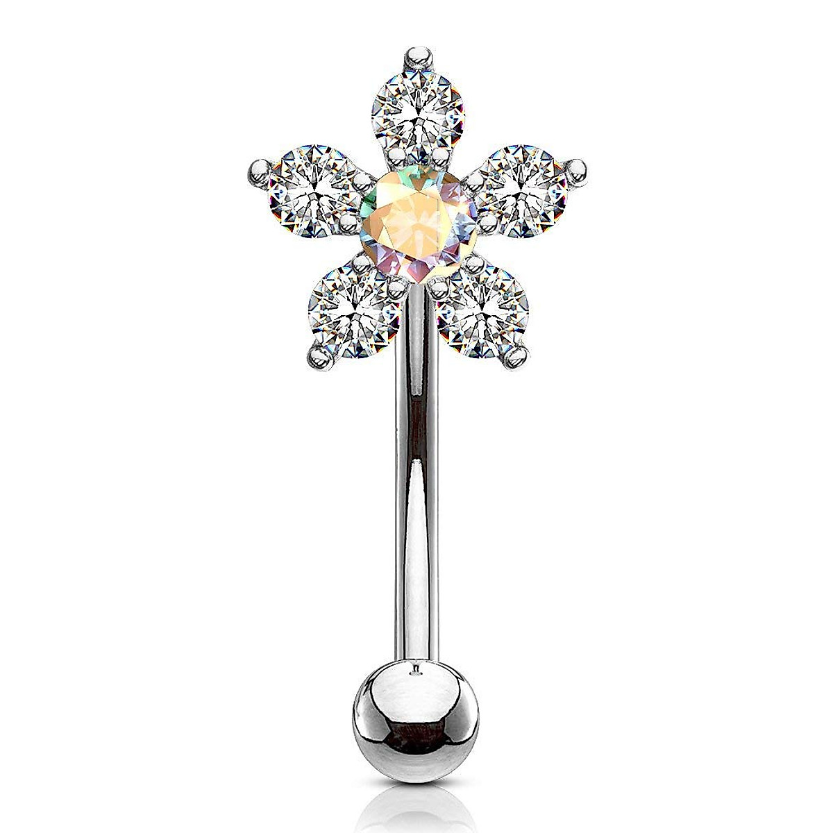 Forbidden Body Jewelry 16g 6mm Curved Barbell for Daith, Eyebrow, Rook & Belly Button w/CZ Floral Top, Clear/Aurora Borealis