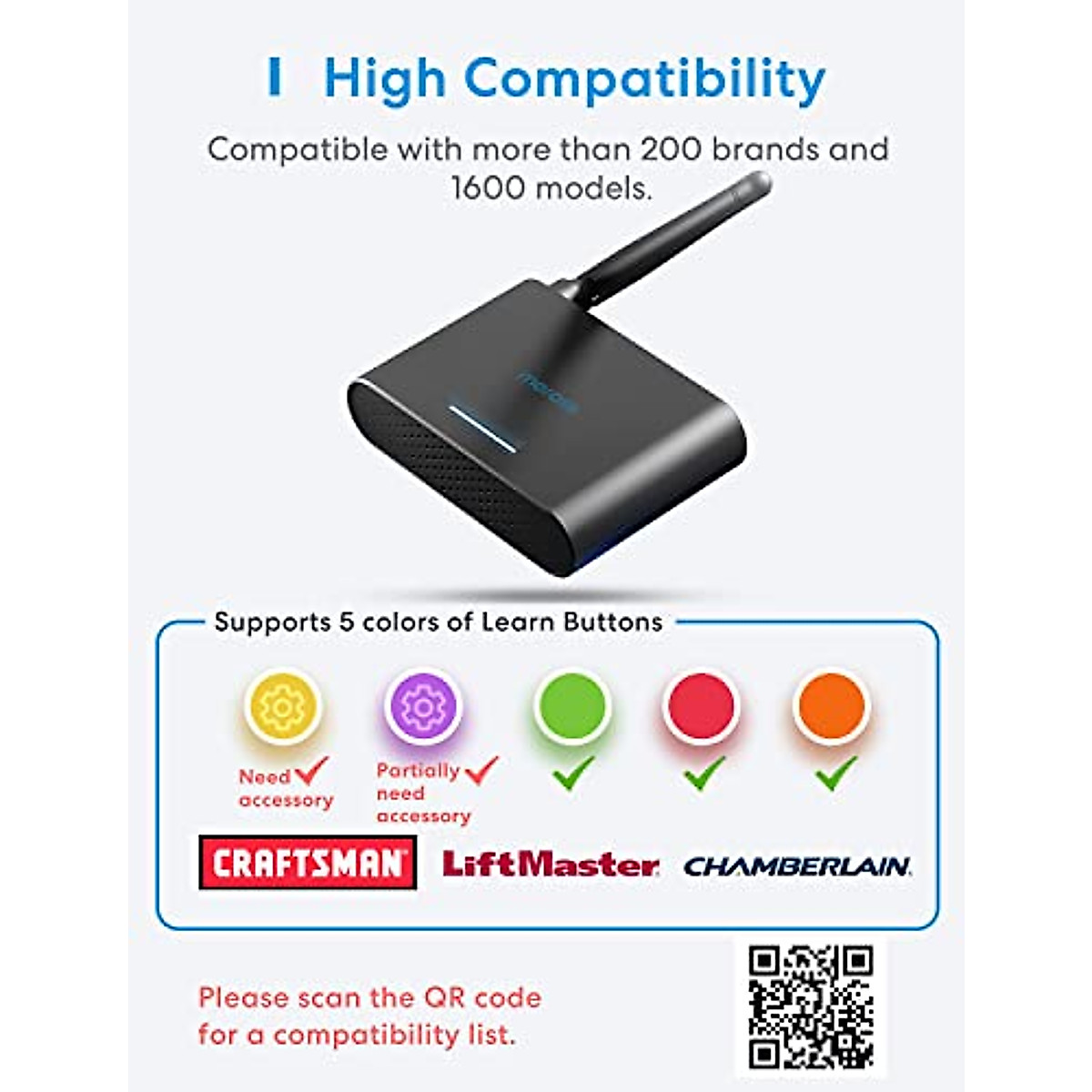 Smart Garage Door Opener Remote with External Antenna, Up to 3 Single Doors, Compatible with Apple HomeKit, Amazon Alexa, Google Assistant, SmartThings, App Control, No Hub Needed