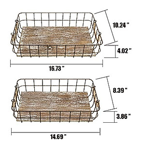 Stonebriar Stackable 2pc Rectangle Metal Wire and Wood Basket Set with Rope Wrapped Handles, Rustic Decor for Home Storage, Decorative Serving Baskets for Weddings, Birthdays, and Holiday Parties