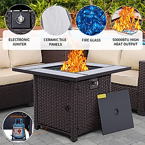 WAROOM 5 Pieces Patio Furniture Set PE Wicker Outdoor Brown Rattan Sectional Sofa Loveseat Couch Conversation Chair with Storage Bin Coffee Table and Propane Fire Pit, Anti-Slip Khaki Cushion