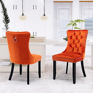JETEAGO Velvet Dining Chair Set of 2, Upholstered Tufted Dining Room Chair with Nailhead Trim and Solid Wood Leg for Kitchen, Orange