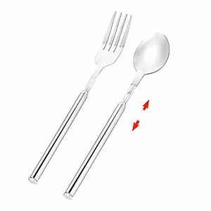 Extendable fork Spoon, Telescopic Fork and Spoon Set Stainless Steel Long Fork Extender Dinner Retractable Spoons Expandable Extension Fork Spoon Extends to 25.2" Tableware for BBQ Fruit