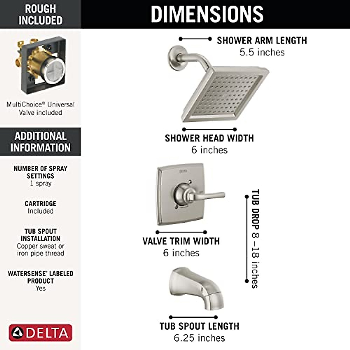 Delta Faucet Geist 14 Series Tub and Shower Trim Kit, Shower Faucet with Single-Spray Brushed Nickel Shower Head, Shower Faucet Set Complete, SpotShield Brushed Nickel 144864-SP (Valve Included)