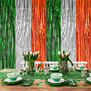 LOLStar 3 Pack St. Patrick's Day Foil Fringe Curtains St Patricks Day Party Decoration 3.3x6.6 ft Green White Orange Tinsel Fringe Curtain Photo Booth Prop Streamer Backdrop for Irish Party Decoration