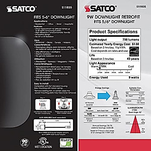 Satco (8 Pack) Led Color Selectable Downlight Retrofits, Part Number S11835, 9 Watt; 5 Inch - 6 Inch; Cct Selectable; 120 Volts; Dimmable; Black Finish for Industrial and Commercial Use