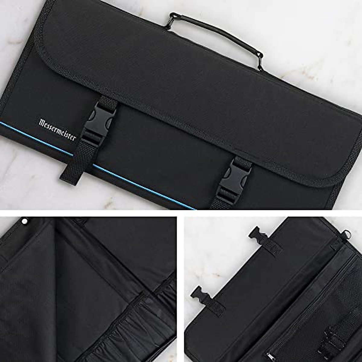 Messermeister 17-Pocket Knife Case with Large Outer Pocket, Black - 17 Elasticized, Reinforced Pockets for Culinary Tools - Holds Up to 18” Knives - Functional, Stylish & Durable