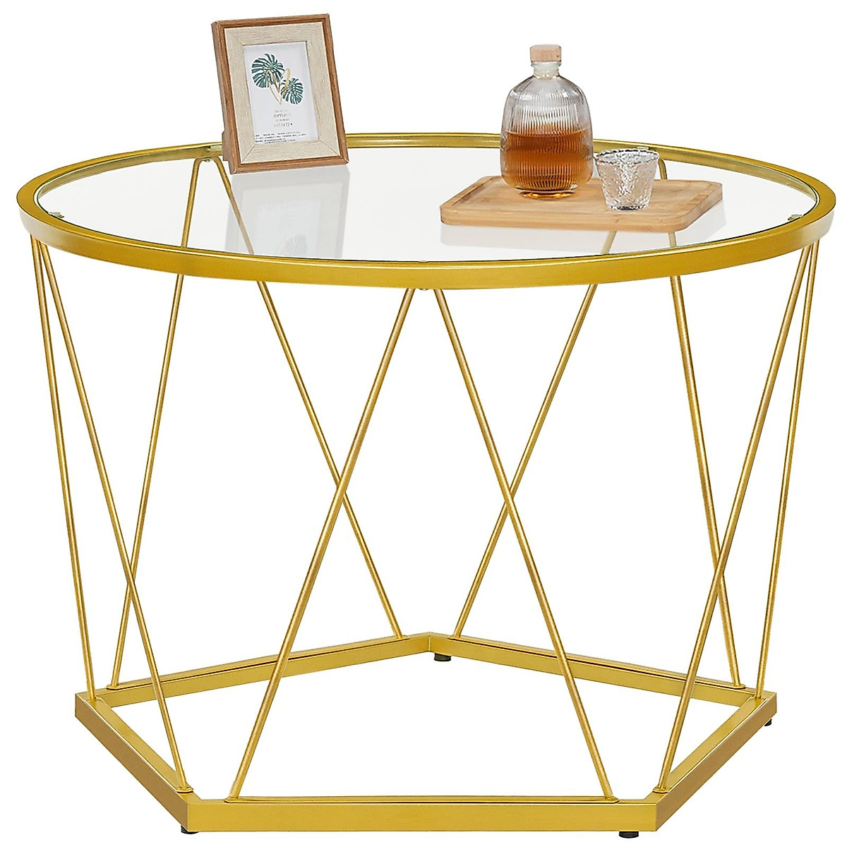 HOOBRO Coffee Table, Gold Glass Coffee Table for Living Room, 27.6" Round Coffee Table, 1 Layer Center Table, Metal Frame, Hexagonal Design, for Small Space, Reception Room, Apartment, Golden GD70KF01