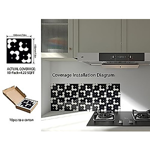 COLAMO Luxury Swatch Glossy Black Thicker Peel and Stick Kitchen Backsplash,Waterproof Self Adhesive Wall Tile,Faux Ceramic Tile,Stick on Accent Wall for Bathroom,Vanity,RV(White Floral Design,8”×8”)