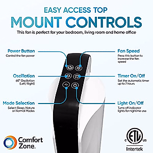 Comfort Zone CZTF421RWT 42" Oscillating Tower fan with Remote Control, Easy-to-Use Touch Screen with LED Display, 3-Speed Settings, 7-Hour Timer, White