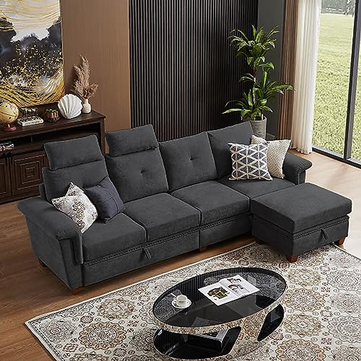 Jarenie Sectional Sofa with Storage and Cupholder, 4 Seat L Shaped Couch with Reversible Ottoman, Wooden Legs, Upholstered Fabric Sofa Couches for Living Room, Apartment, Office (Dark Grey)
