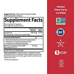Garden of Life Liposomal Berberine and Chromium Picolinate for Already Healthy Blood Sugar, Glucose Metabolism and Cholesterol—Probiotics for Easy Digestion—Non GMO, Gluten Free, Kosher, 30 Servings