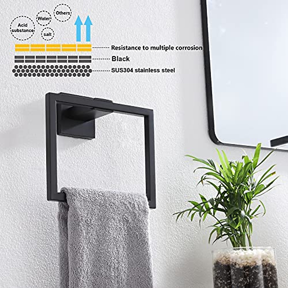 KOKOSIRI Hand Towel Ring Shower Towel Hanger Holder Bath Towel Holder Bathroom Lavatory Stainless Steel Wall Mount, Matte Black, B3004BK