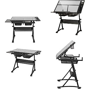 XiVue Drafting Table with Storage, Height Adjustable Tiltable Art Desk, Glass Panel Drawing Desk, for Work Study Painting Craft Table