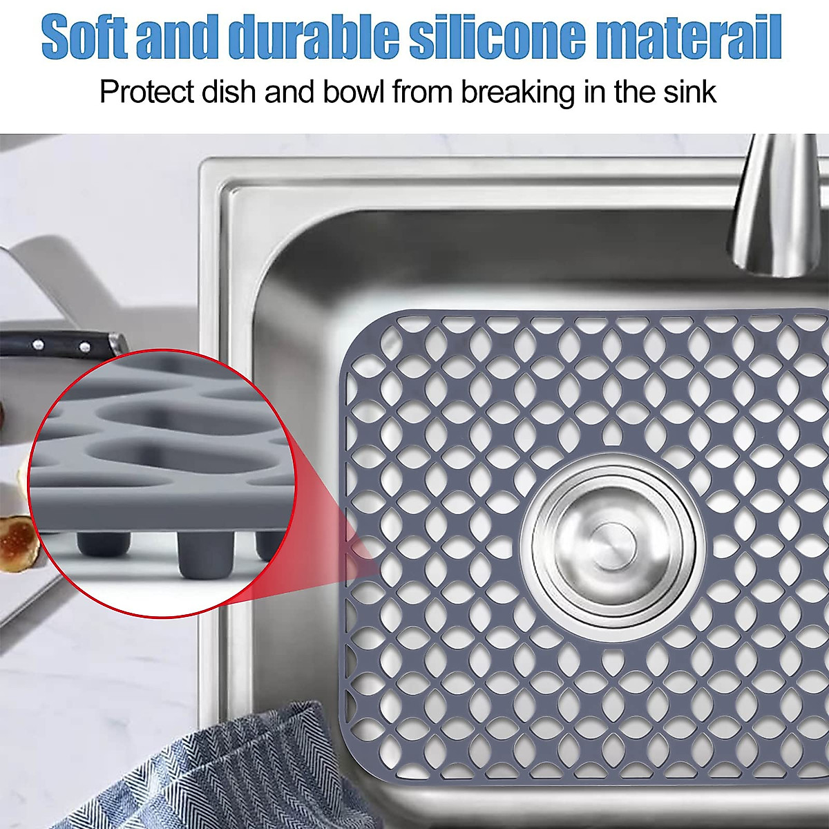 JUSTOGO Silicone Sink Protector, Center Drain Kitchen Sink Mats Grid Accessory, 2 PCS Folding Non-slip Sink Mats for Bottom of Farmhouse Stainless Steel Porcelain Sink ((Light Grey, 13.58"x 11.6")